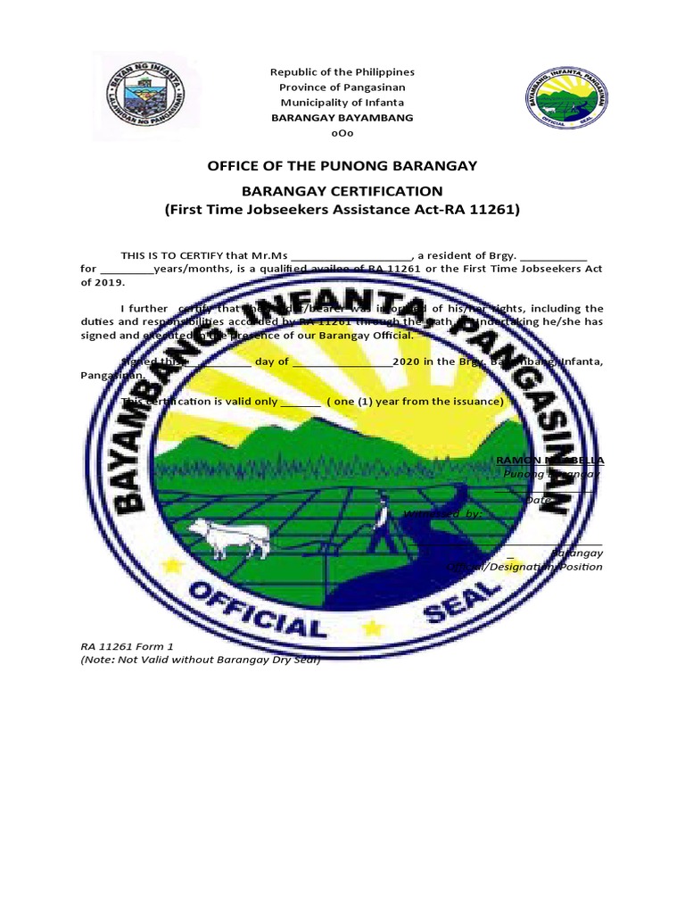 1 Brgy Cert. RA 11261 | PDF
