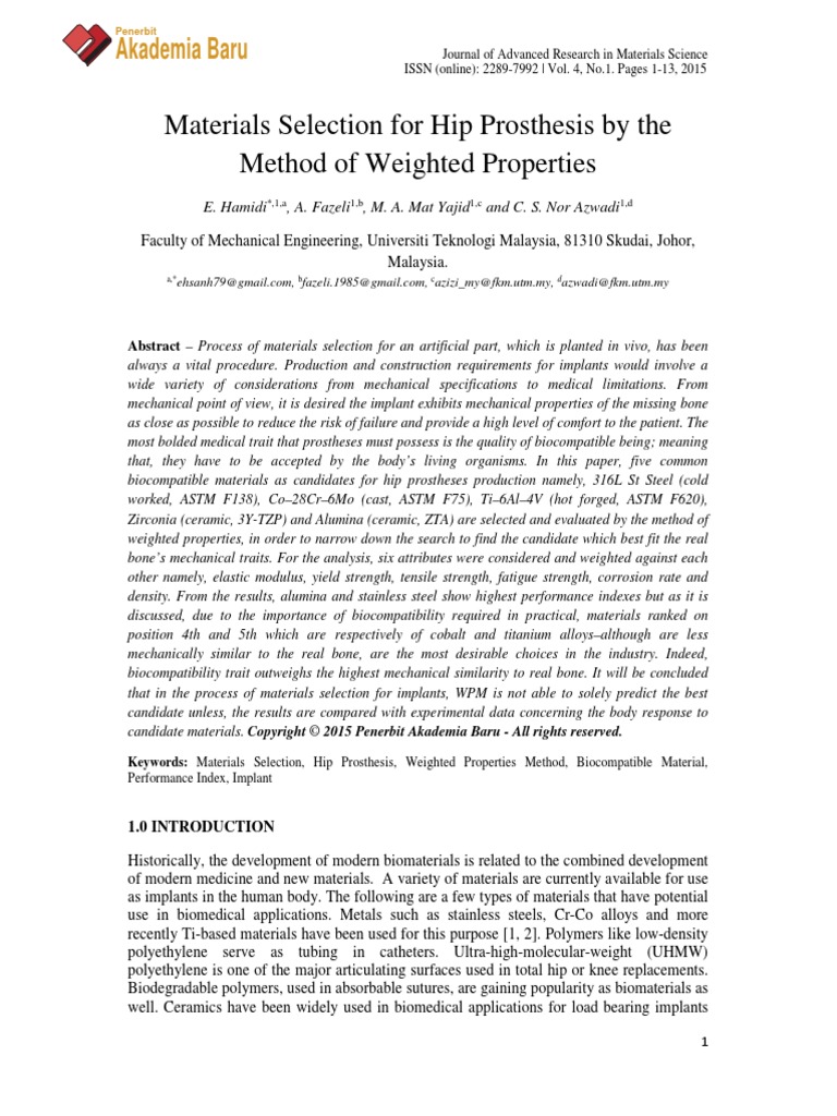 Materials Selection For Hip Prosthesis by The Method of Weighted ...