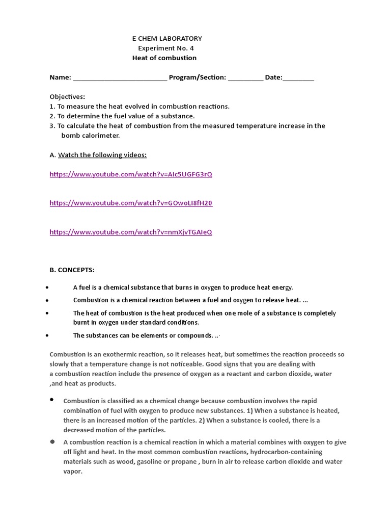 Heat of Combustion Laboratory Experiment | PDF | Combustion | Chemical ...
