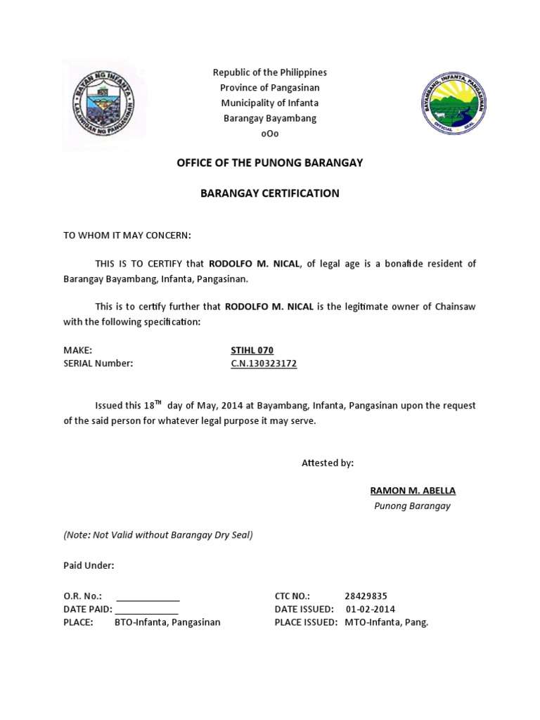 Office of The Punong Barangay Barangay Certification: STIHL 070 | PDF