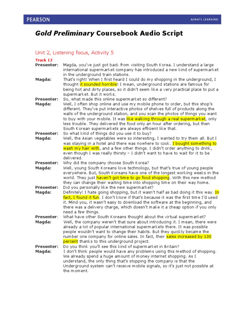 Gold Preliminary Coursebook Audio Script: Unit 2, Listening Focus, Activity 5 | PDF | Online ...