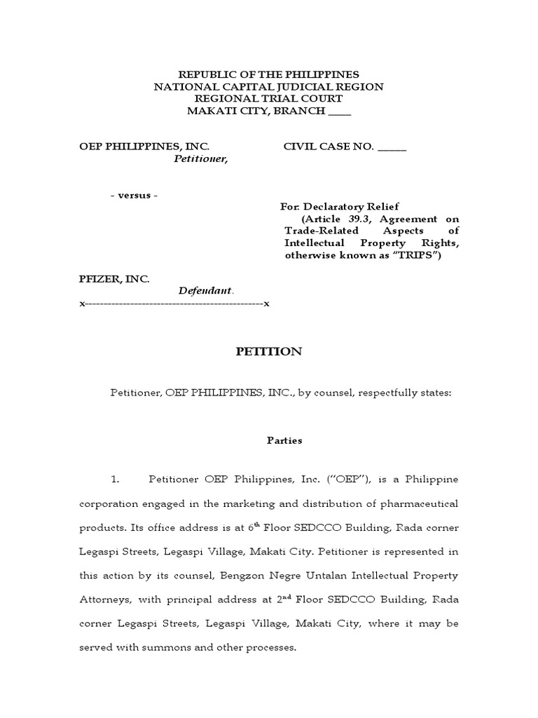 Petition For Declaratory Relief | PDF | Trips Agreement | World Trade ...