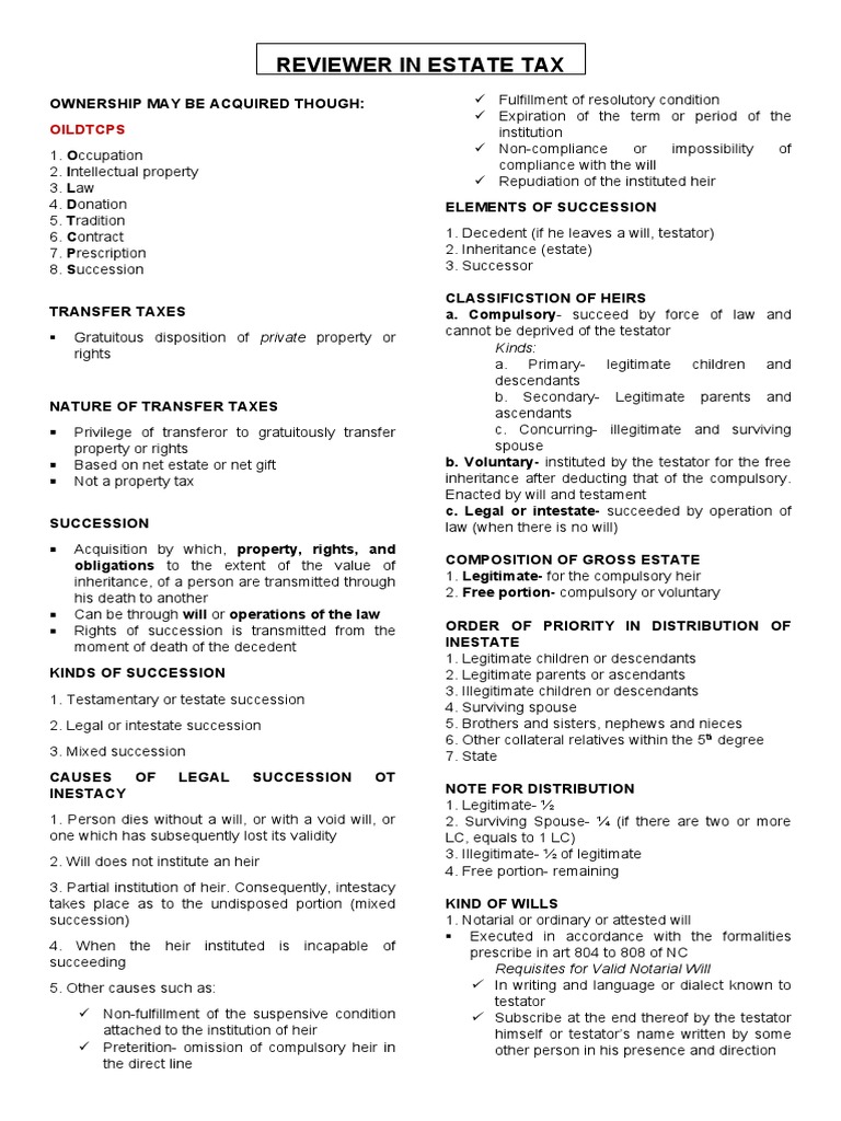 Tax Reviewer - Estate | PDF | Will And Testament | Intestacy