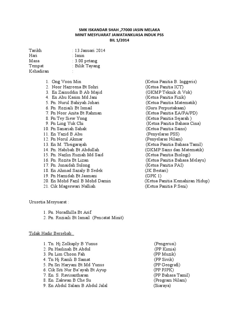 Contoh Minit Mesyuarat Pss 3 | PDF