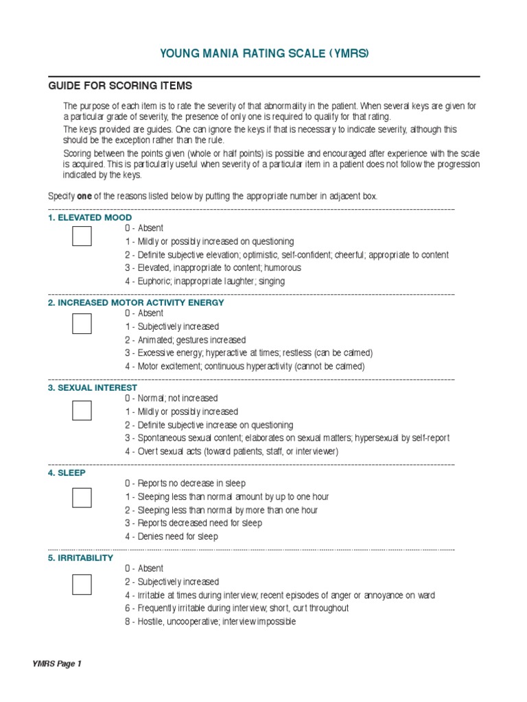 Young Mania Rating Scale (Ymrs) : Guide For Scoring Items | PDF | Mania ...