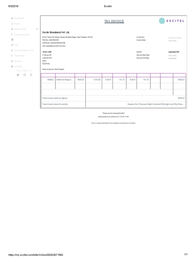 Excitel invoice details for Reeltime Binge 5 plan | PDF | Business