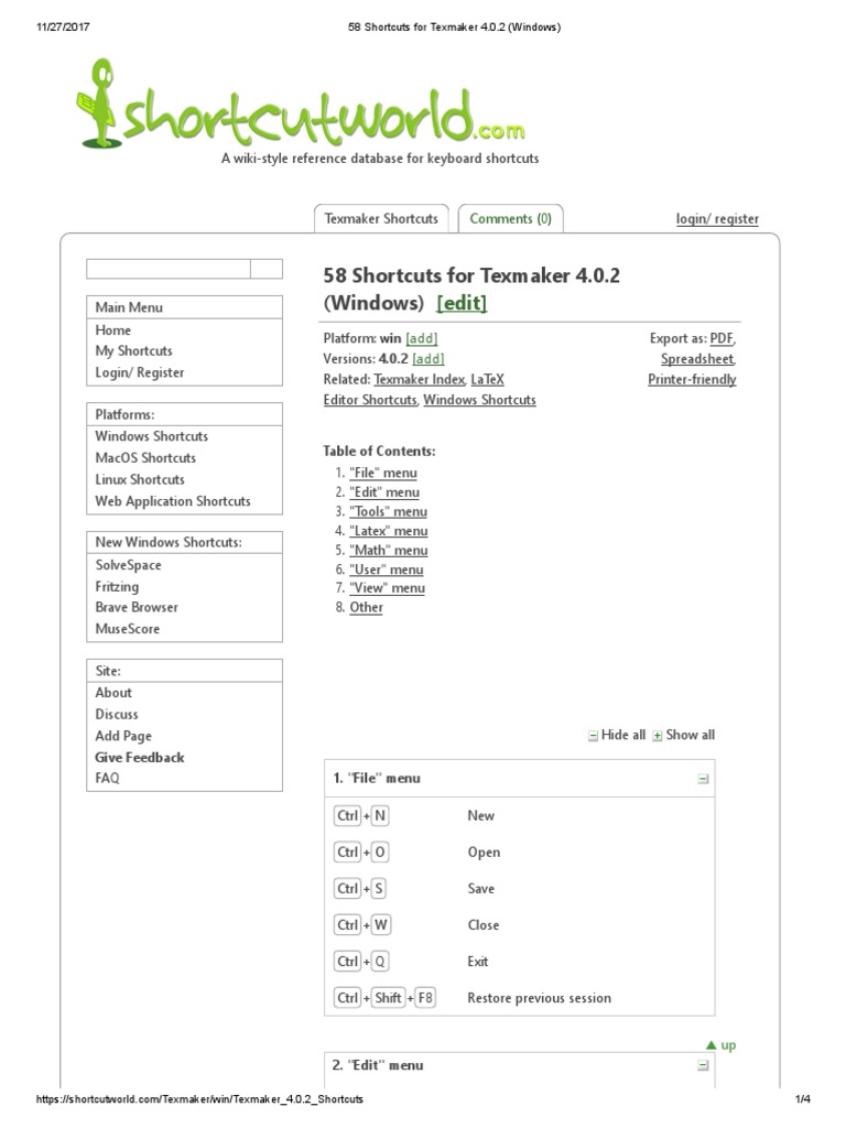 58 Shortcuts For Texmaker 4.0 | PDF | System Software | Software