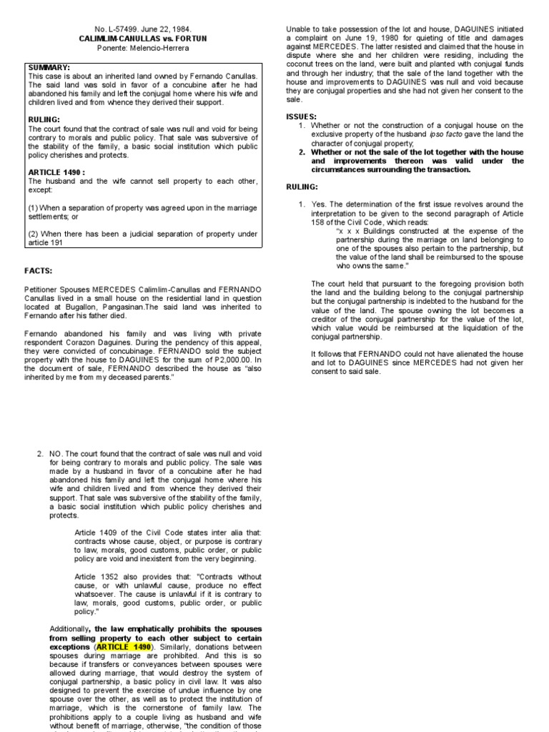 Calimlim-Canullas vs. Fortun | PDF | Marriage | Wife