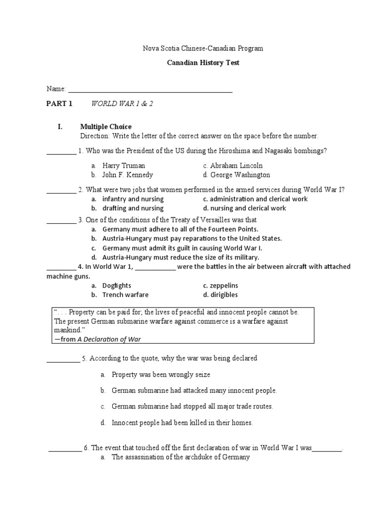 Test Paper For Canadian History Grade 11 | PDF | Cold War | World War I