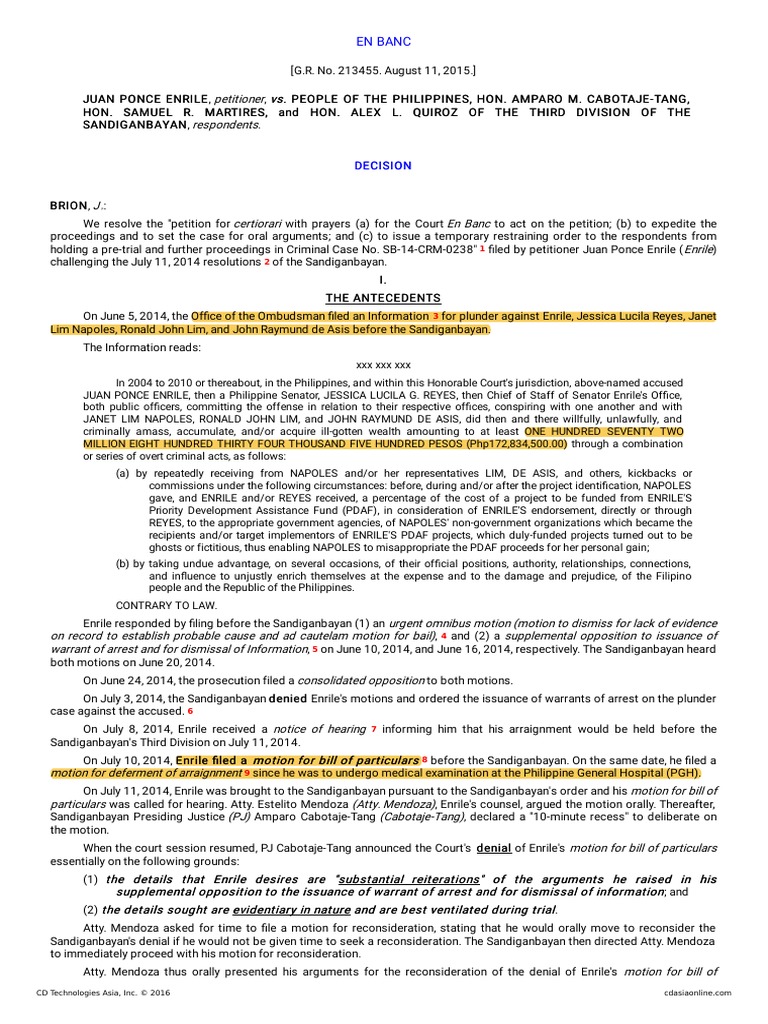 Sandiganbayan Denies Enrile's Motions for Bill of Particulars and ...