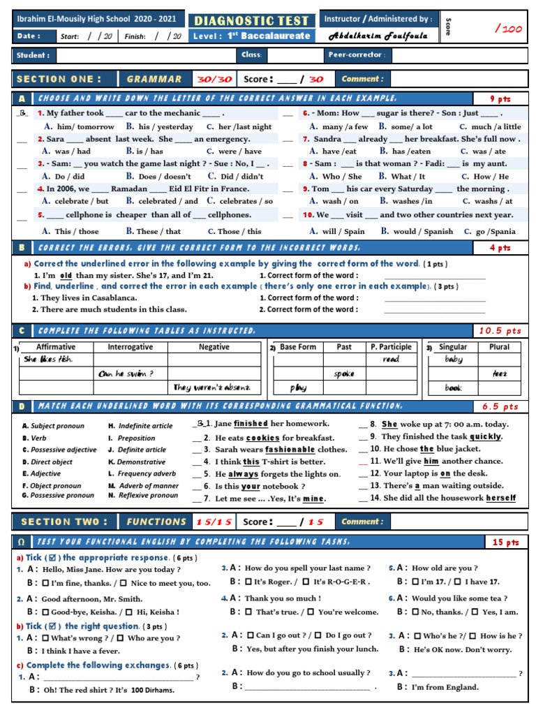 1st BAC DIAGNOSTIC TEST - 2019-20 | PDF | Grammatical Number | Grammar