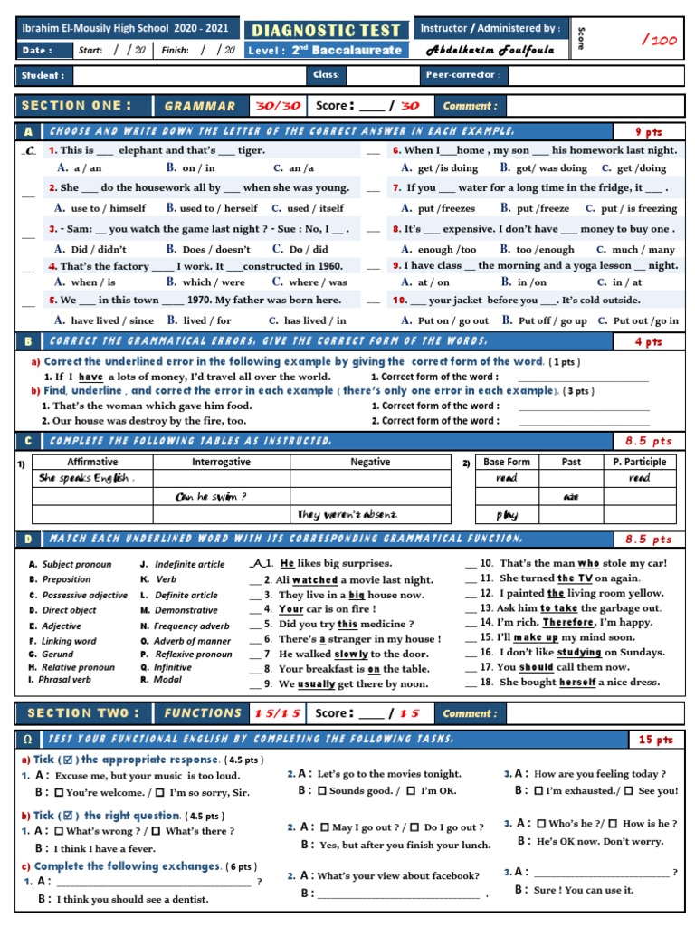 2nd BAC DIAGNOSTIC TEST - 2019-20 | PDF | Verb | English Language