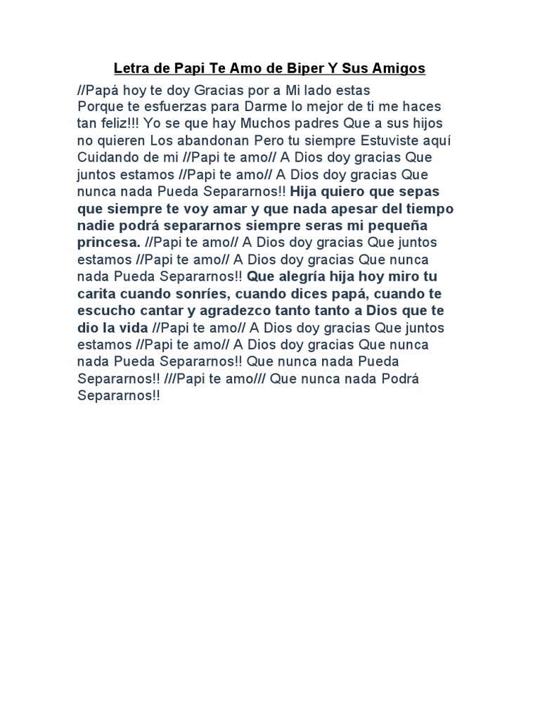 Letra de Papi Te Amo de Biper Y Sus Amigos | PDF