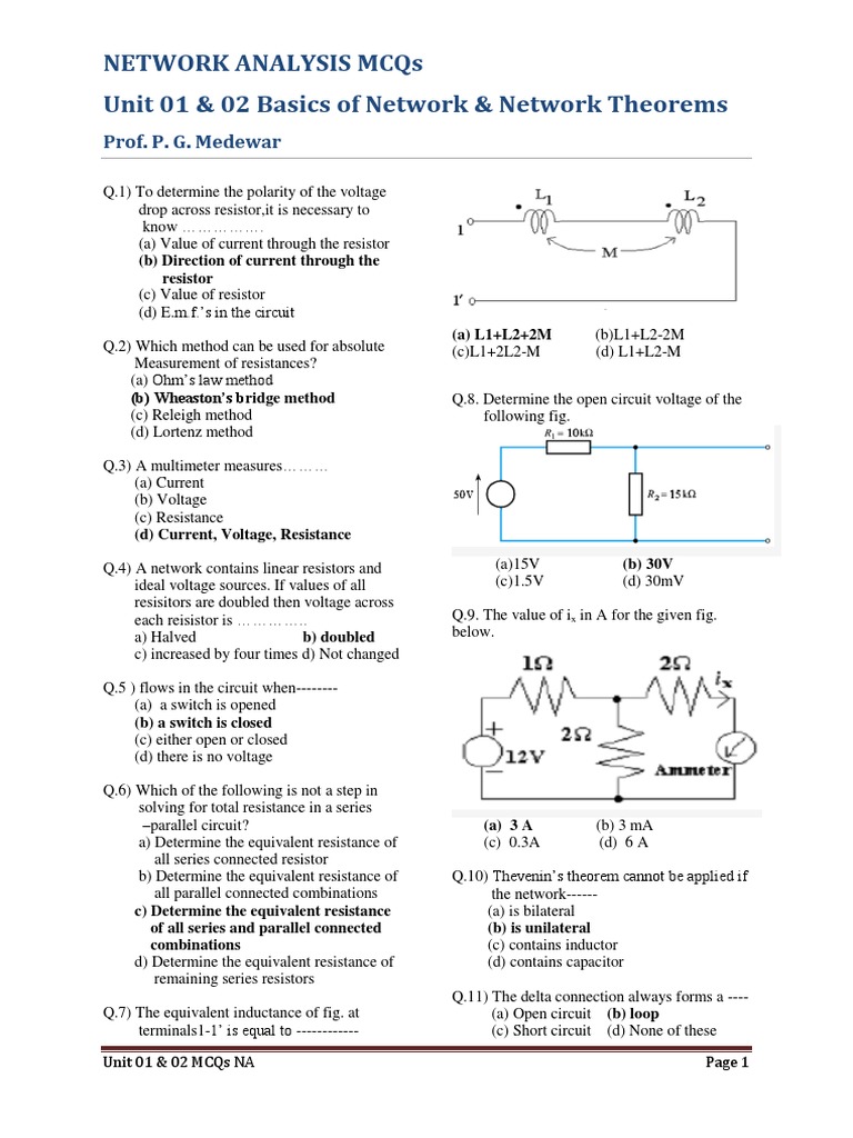 Network Analysis Mcqs Unit 01 & 02 Basics of Network & Network Theorems ...