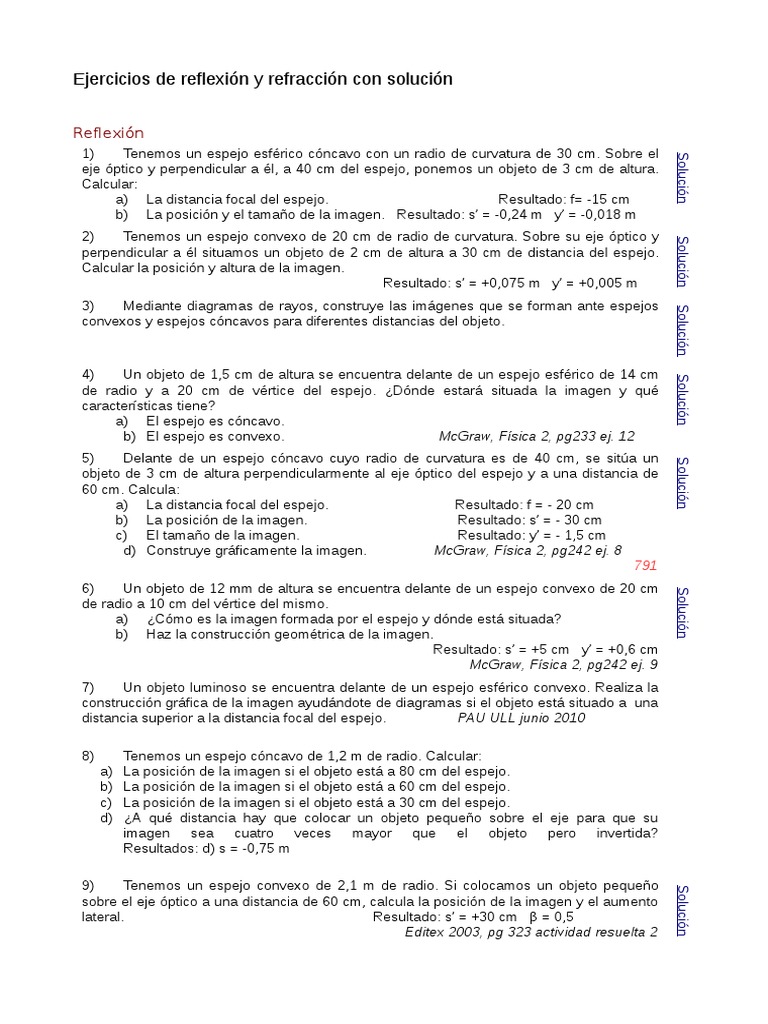 Ejercicios Reflexion y Refraccion Con Solucion PDF | PDF | Óptica | Espejo