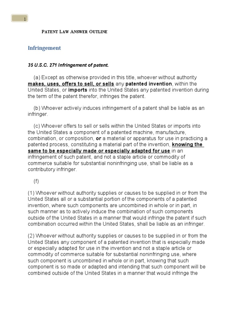 Patent Law Answer Outline | PDF | Patent Infringement | Patent Claim