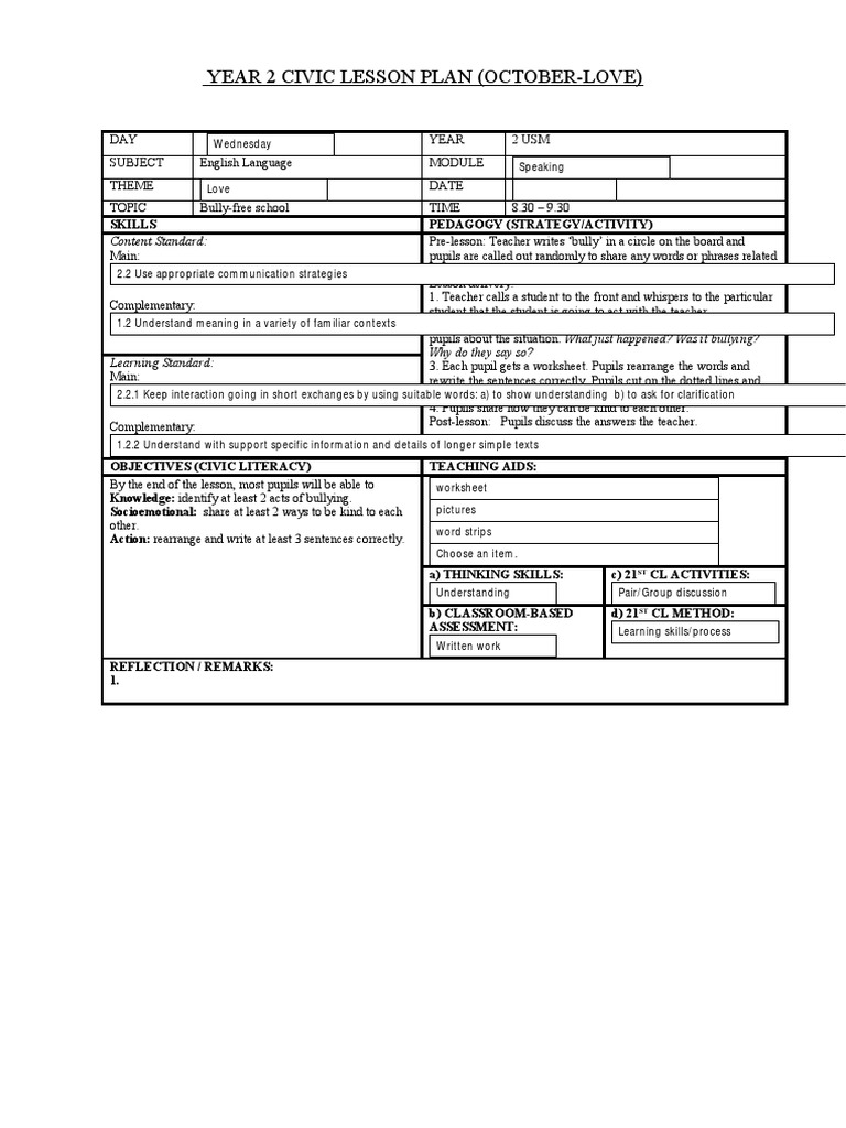Year 2 Civic Lesson Plan (October-Love) : Content Standard | PDF ...