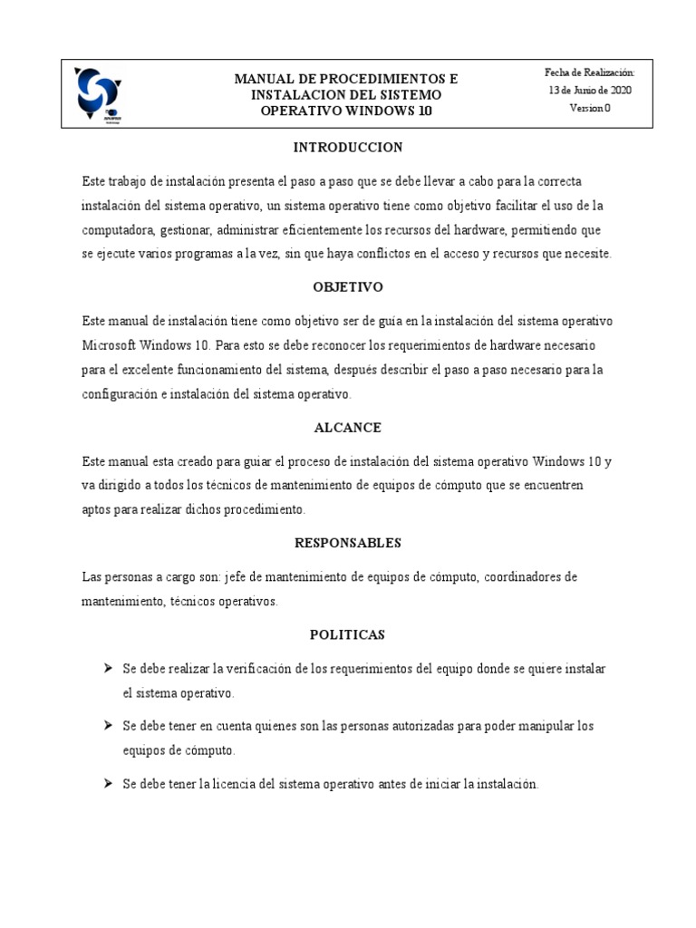 Manual de Procedimiento Instalación Windows 10 | PDF | Windows 10 | Bios