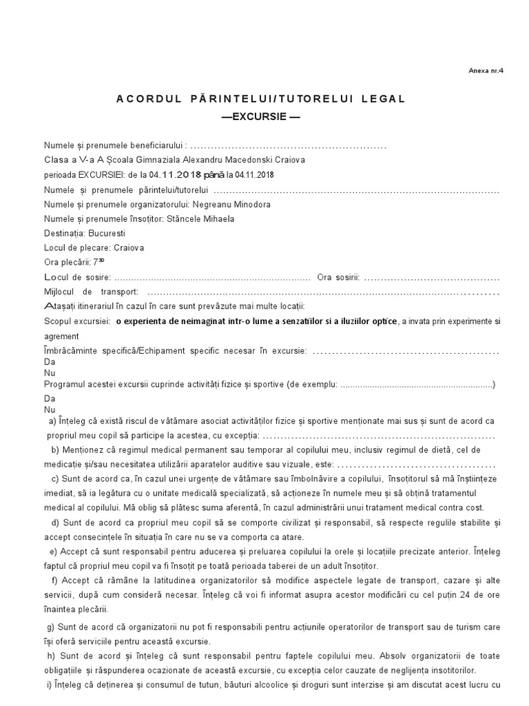 Acord de Participare Parinte in Excursie | PDF