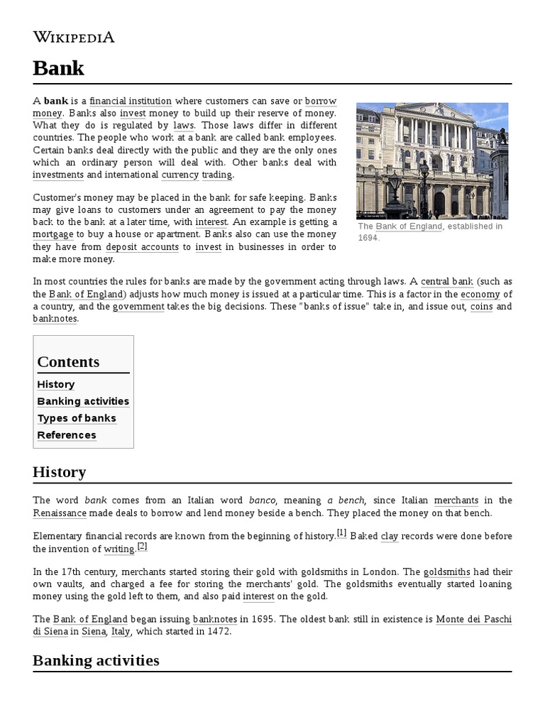 History Banking Activities Types of Banks References: The Bank of ...