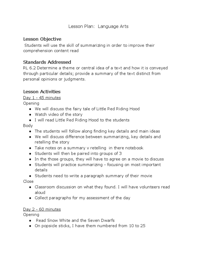 Lesson Objective: Lesson Plan: Language Arts | PDF