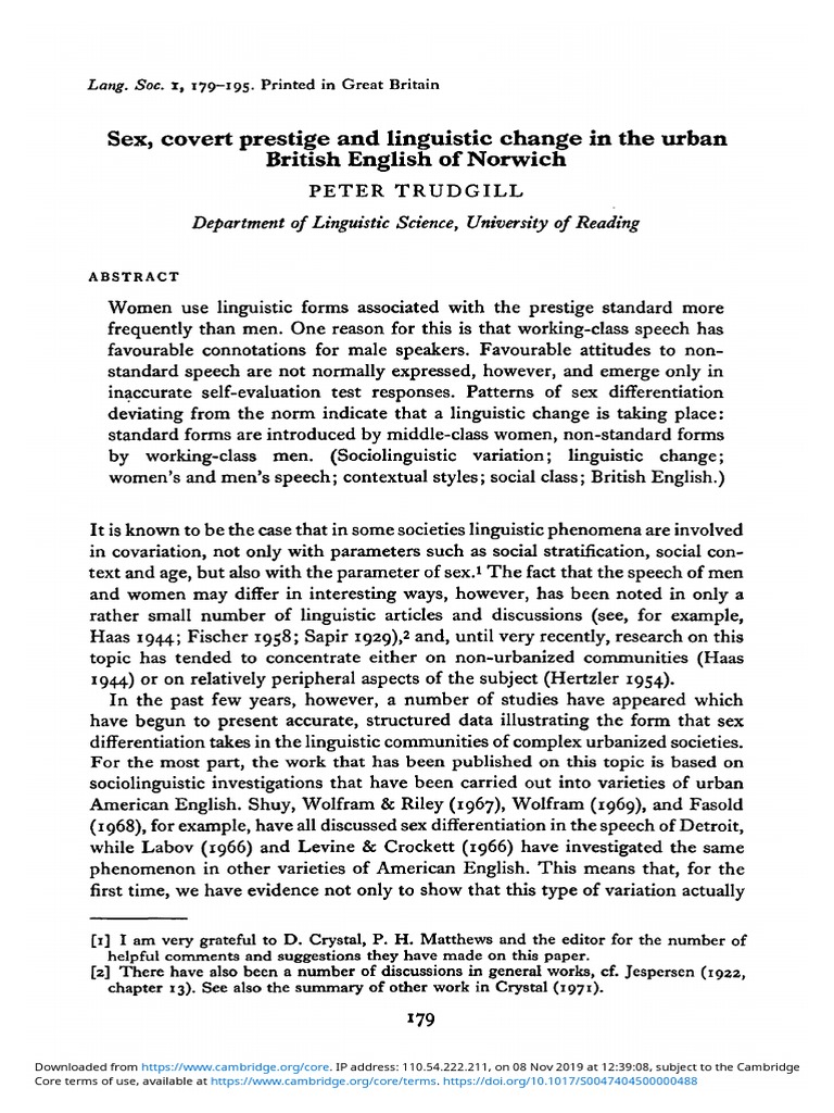 Sex Covert Prestige and Linguistic Change in The Urban British English ...