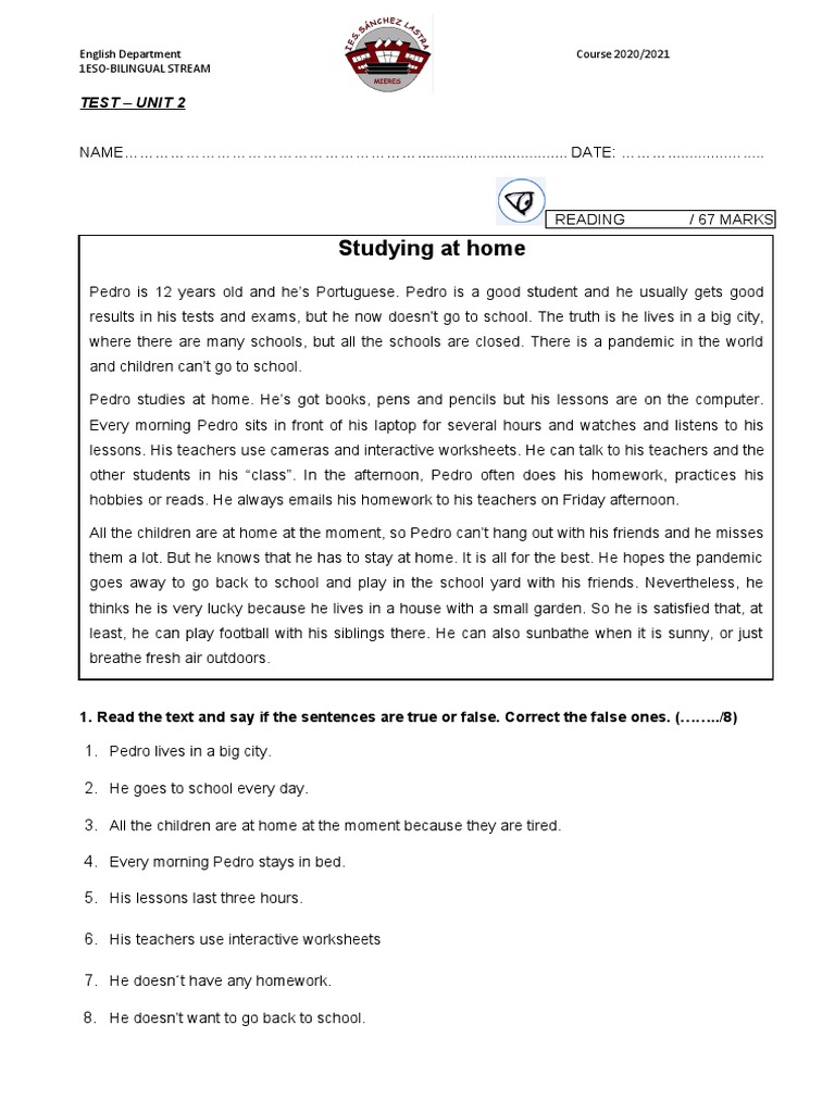 Reading Test Unit 2 | PDF
