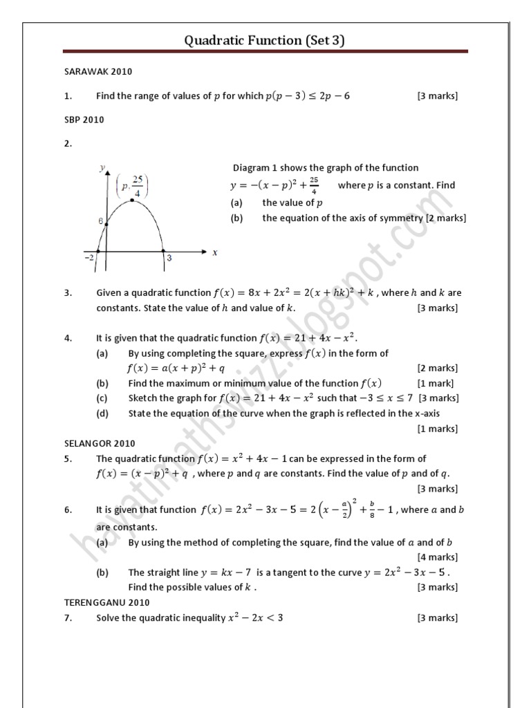 Quadratic Functions: Problems & Solutions | PDF | Function (Mathematics ...