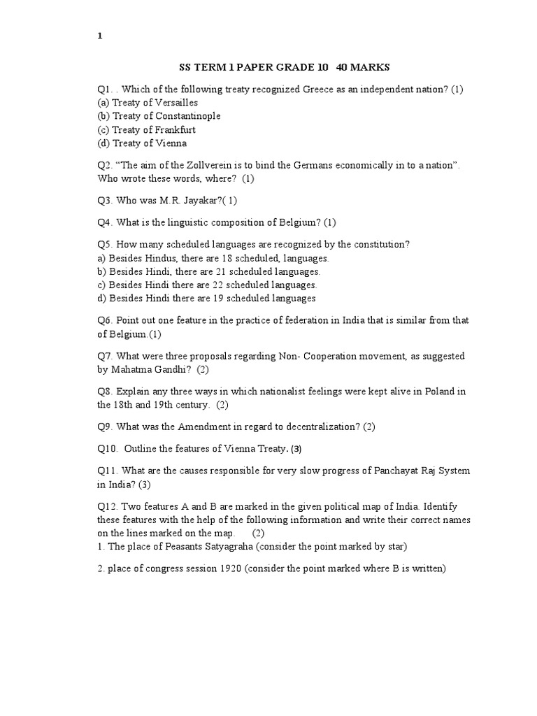 Ss Term 1 Paper Grade 10 40 Marks | PDF | Social Science