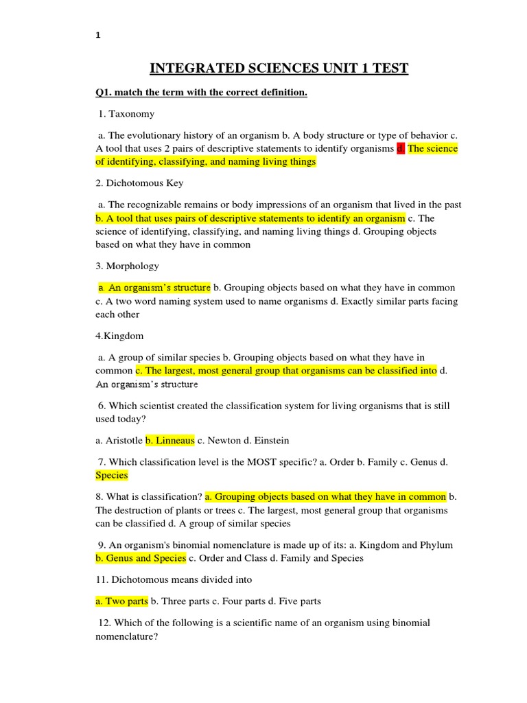 I S Unit 1 Test Answer Key | PDF | Solution | Taxonomy (Biology)