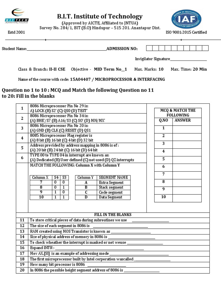Mid1 QP MPMC Ii-Ii Cse 15a04407 Microprocessor & Interfacing | PDF | Central Processing Unit ...