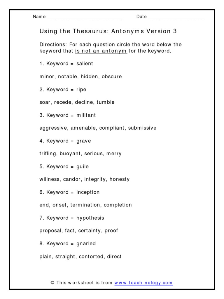 Using The Thesaurus: Antonyms Version 3: Name - Date | PDF