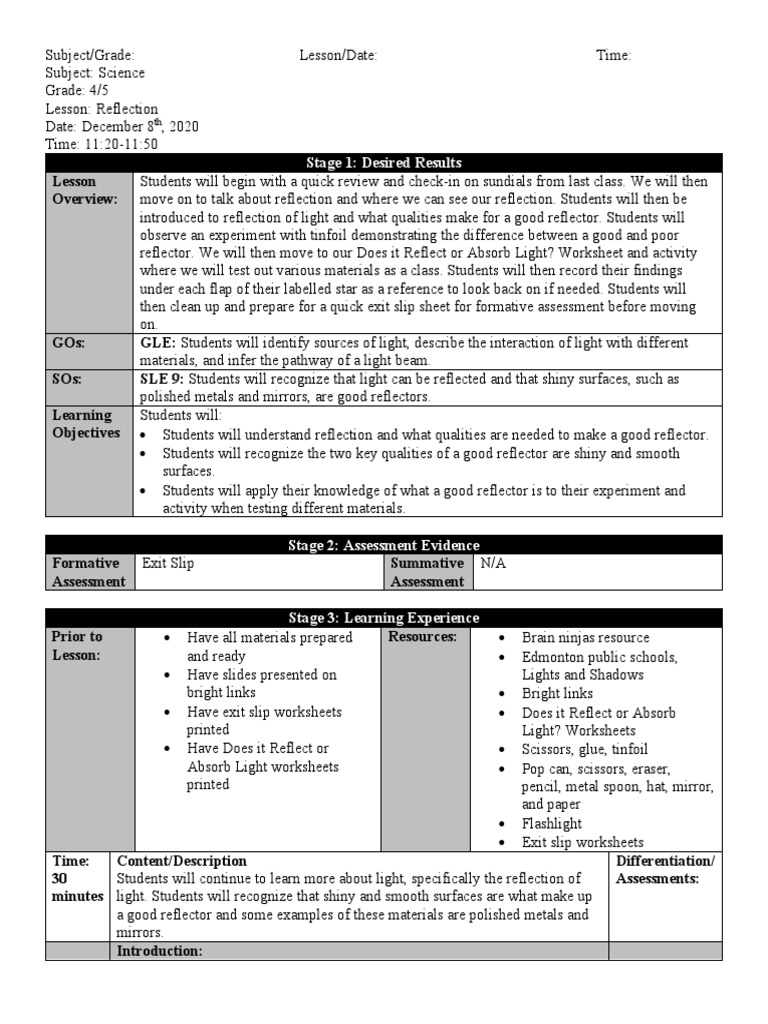 Grade 4/5 Science: Light Reflection | PDF | Mirror | Reflection (Physics)