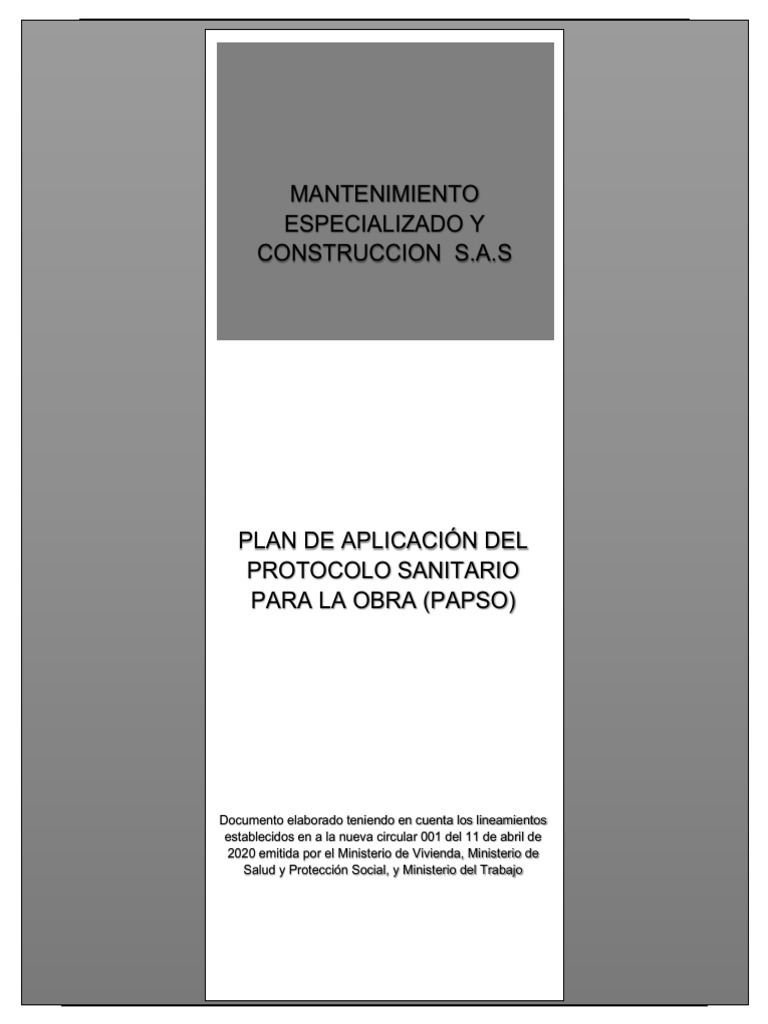 Plan de Aplicación Del Protocolo Sanitario para La Obra (Papso) | PDF | Lavado de manos | Agua