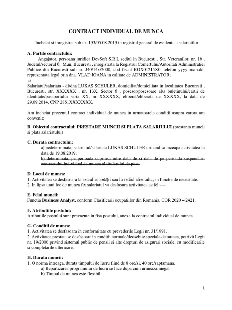 Contract Individual de Munca | PDF