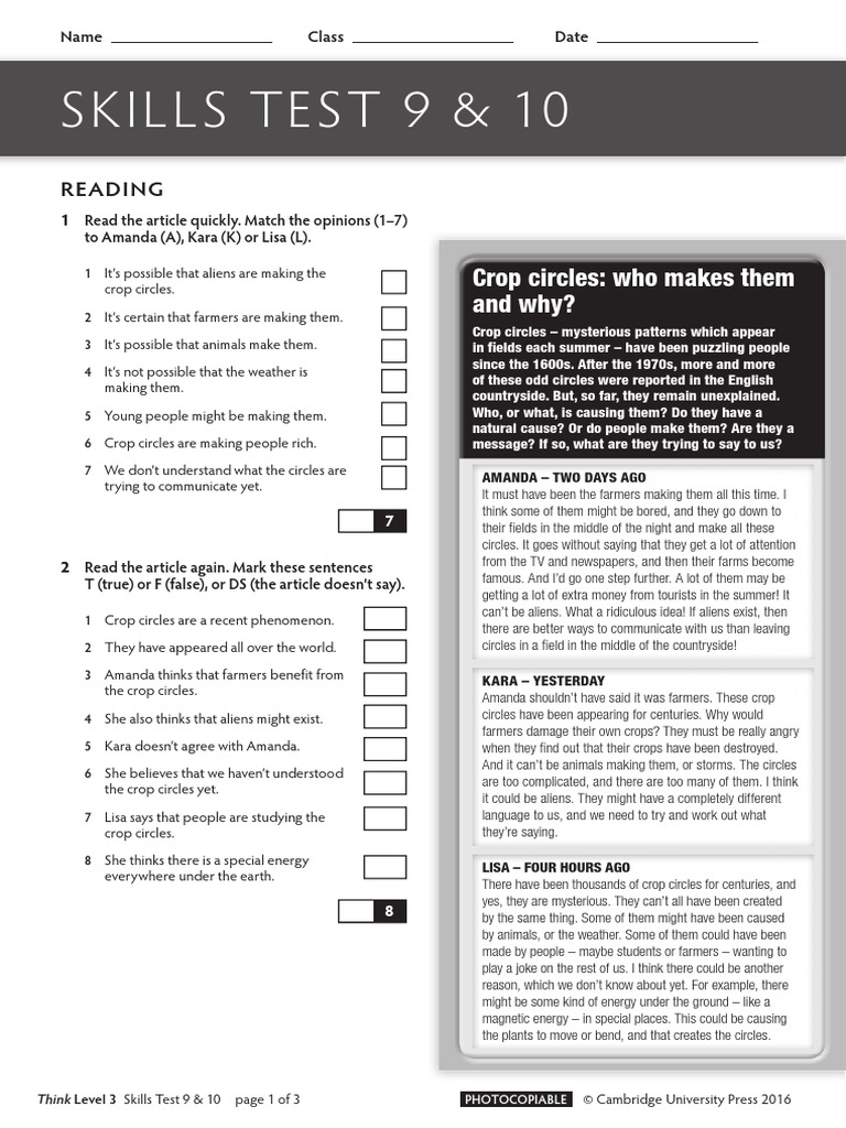 Think L3 Skills Test Units 9-10 | PDF | Banknote