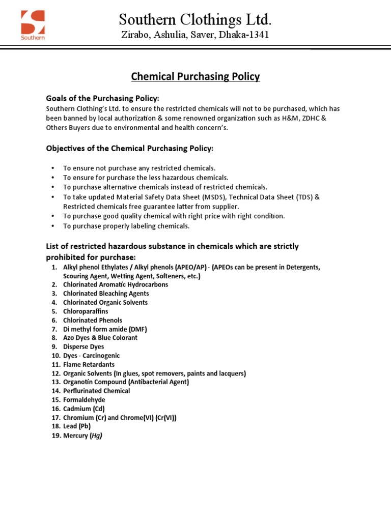 Chemical Purchasing Policy | PDF | Chromium | Chemical Substances