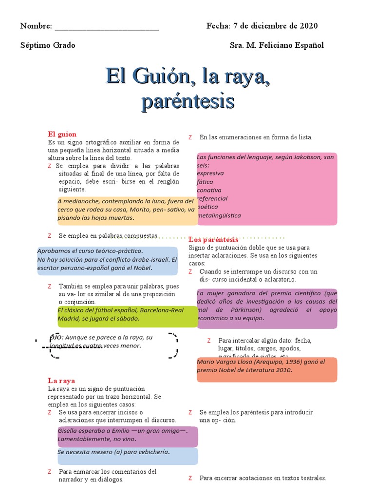 El Guion La Raya y El Paréntesis para Tercer Grado de Secundaria | PDF ...