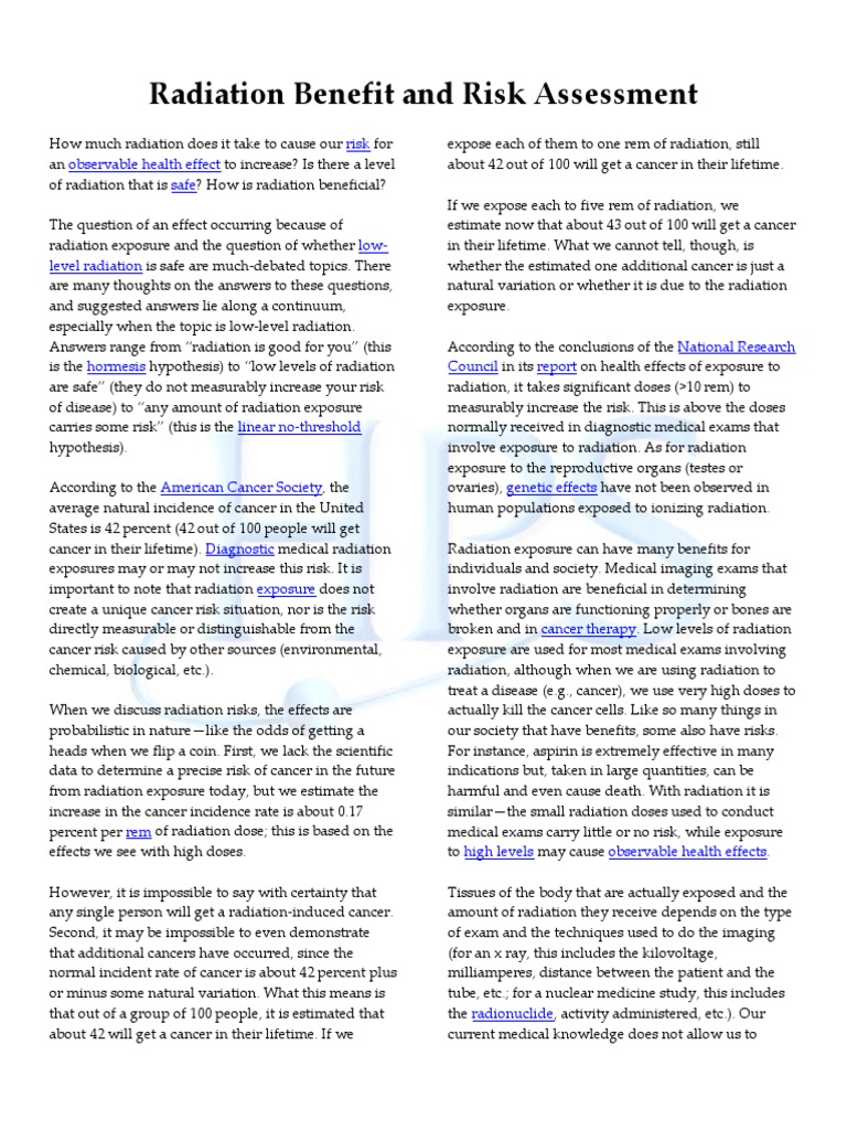 Radiation Benefit and Risk Assessment: Risk Observable Health Effect ...