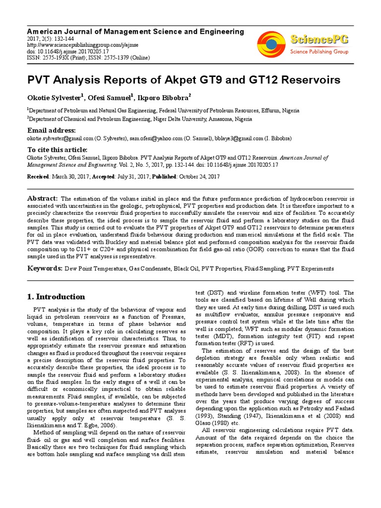 PVT Analysis Reports of Akpet GT9 and GT12 Reservoirs: Okotie Sylvester ...
