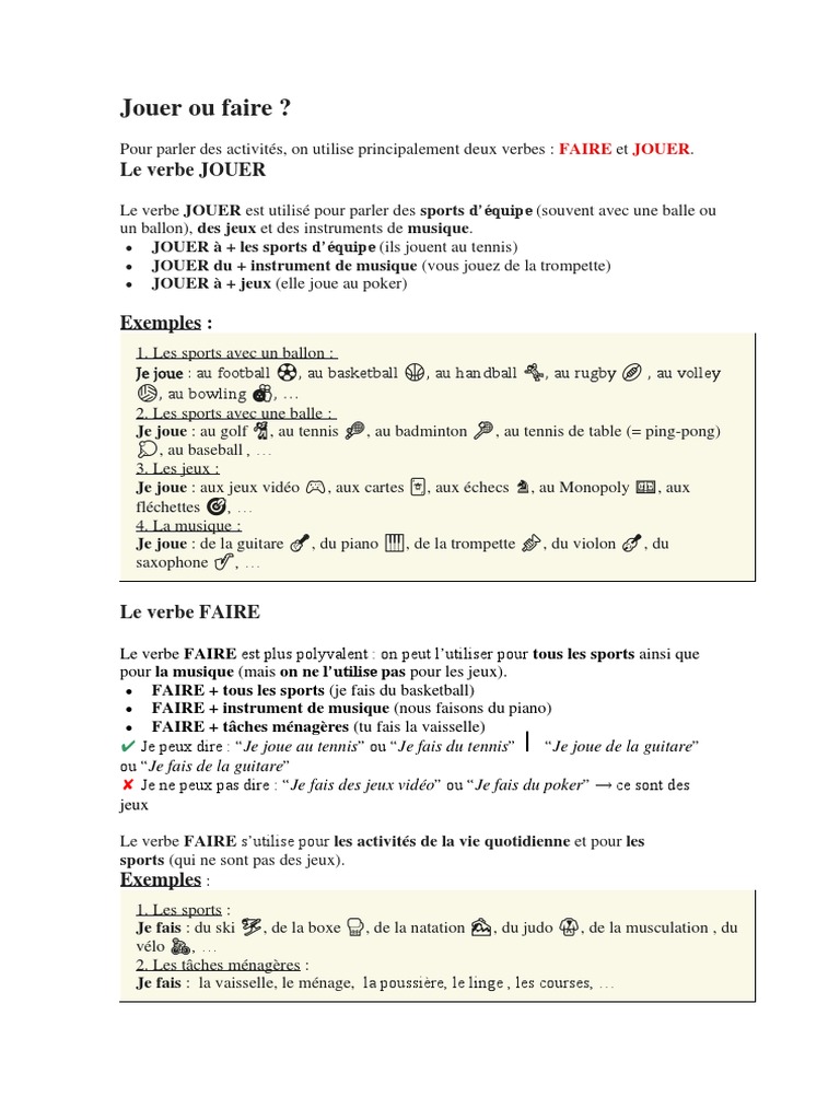 Jouer ou faire : Guide des verbes | PDF