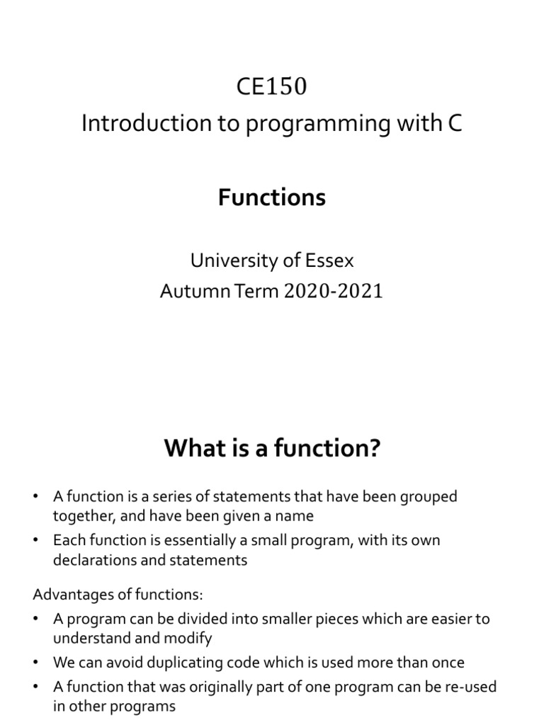 CE150 Introduction To Programming With C: Functions | PDF | Parameter (Computer Programming ...