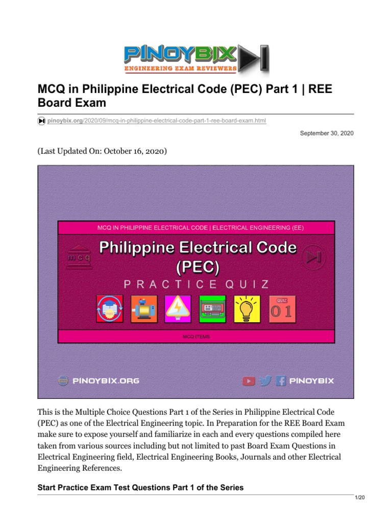 MCQ in Philippine Electrical Code PEC Part 1 REE Board Exam PDF | PDF ...