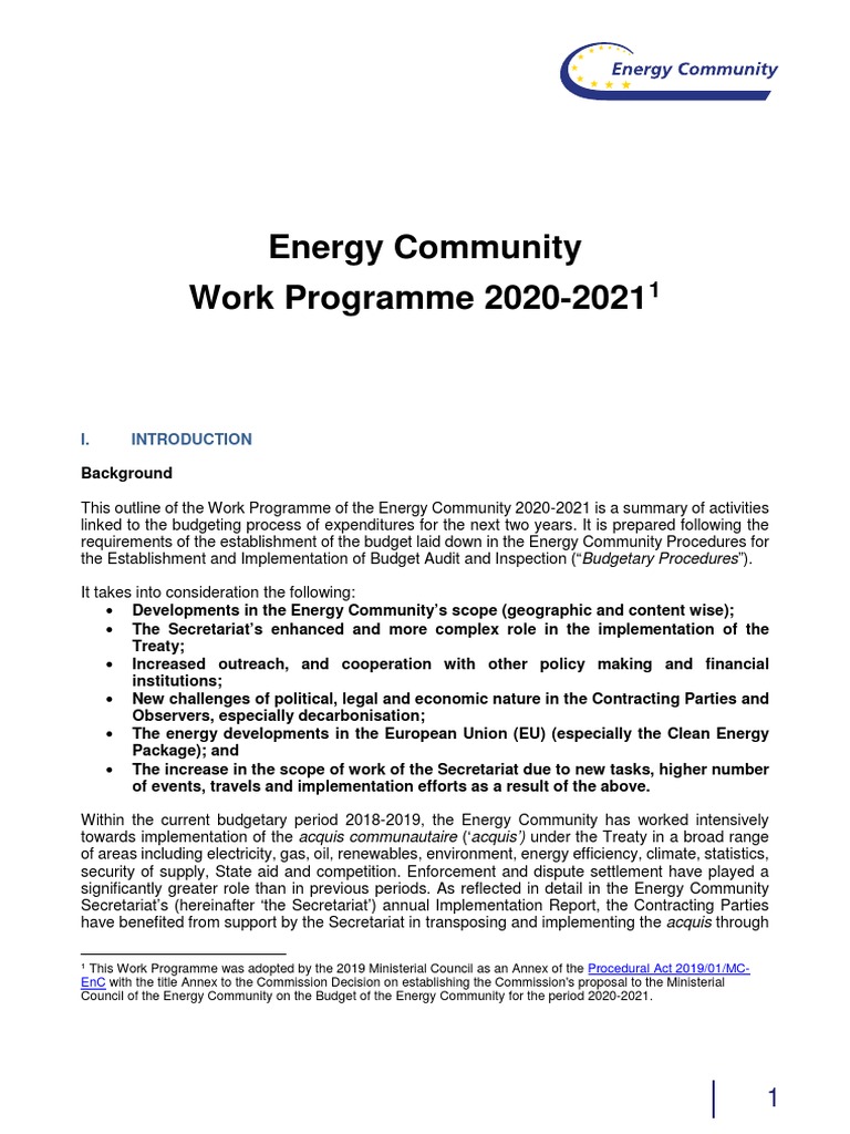 Energy Community Work Programme 2020-2021: Background | PDF | European ...