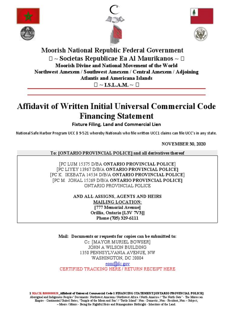Affidavit of Written Initial Universal Commercial Code Financing ...