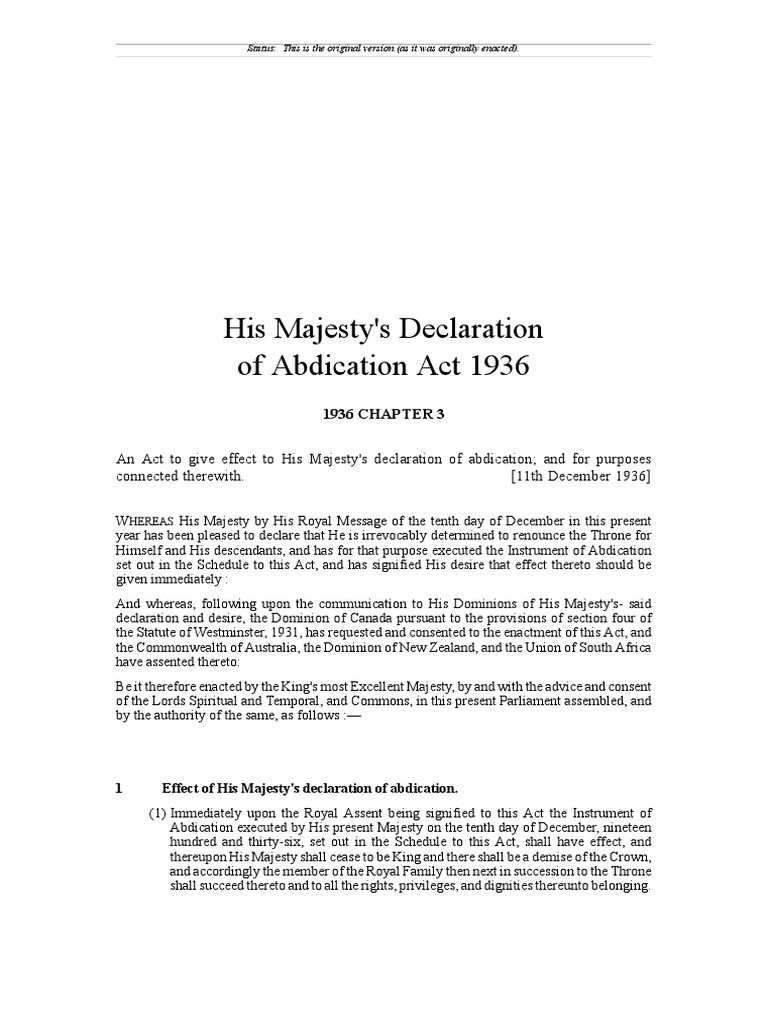 His Majesty's Declaration of Abdication Act 1936 | Download Free PDF ...