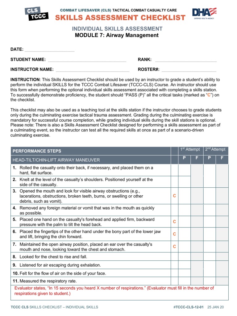 Skills Assessment Checklist: MODULE 7: Airway Management | PDF ...
