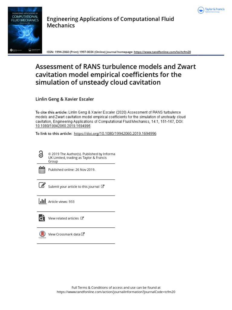 Assessment of RANS Turbulence Models and Zwart Cavitation Model Empirical Coefficients For The ...