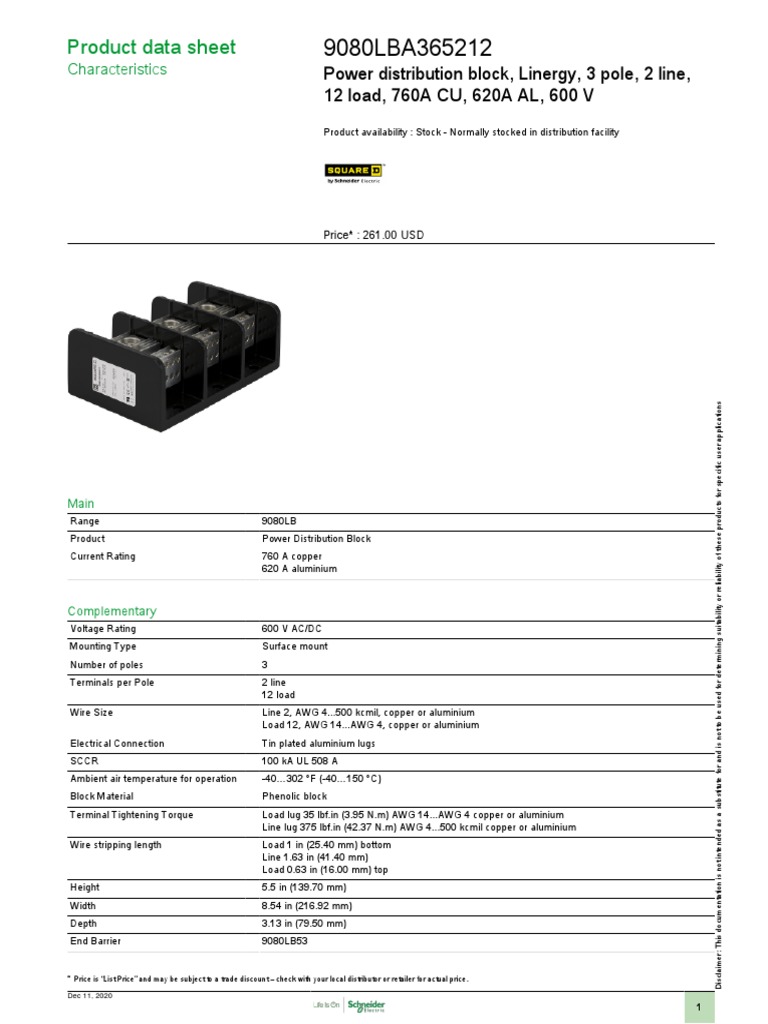 Square D 9080 Power Distribution Blocks - 9080LBA365212 | PDF | Copper ...