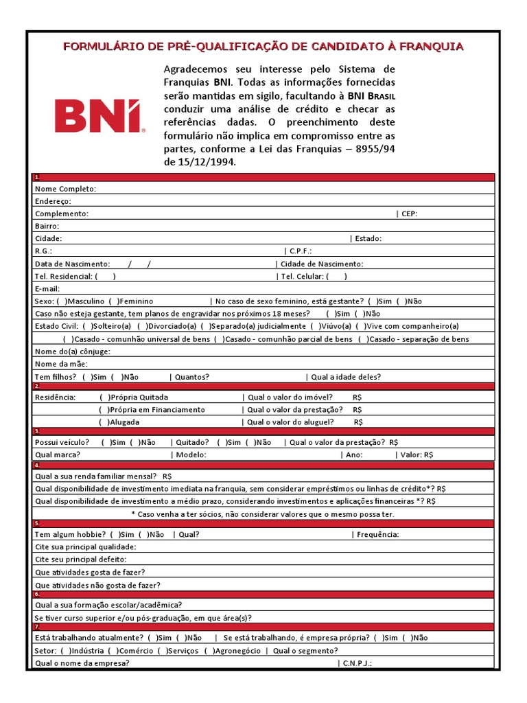 Formulario Franquia BNI | PDF | Franchising | Investimentos